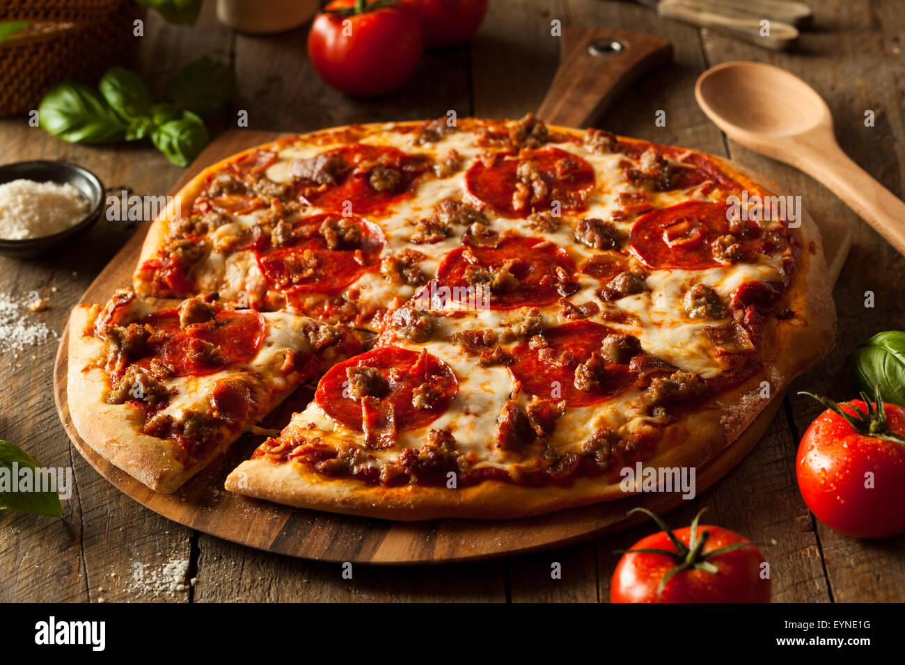 Homemade Meat Loves Pizza with Pepperoni Sausage and Bacon Stock Photo ...