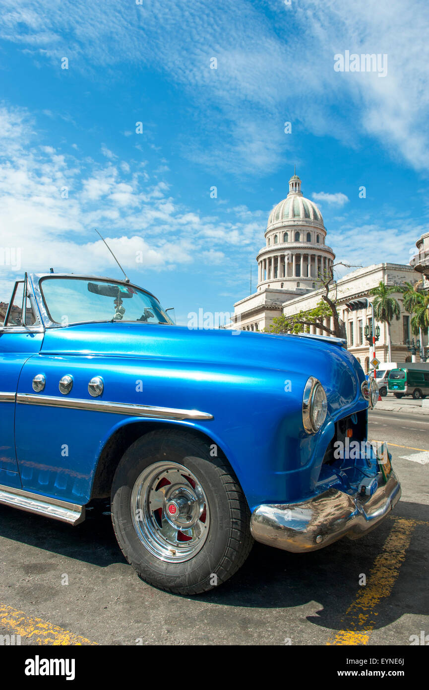 HAVANA, CUBA - JUNE, 2011: Classic vintage blue American convertible ...