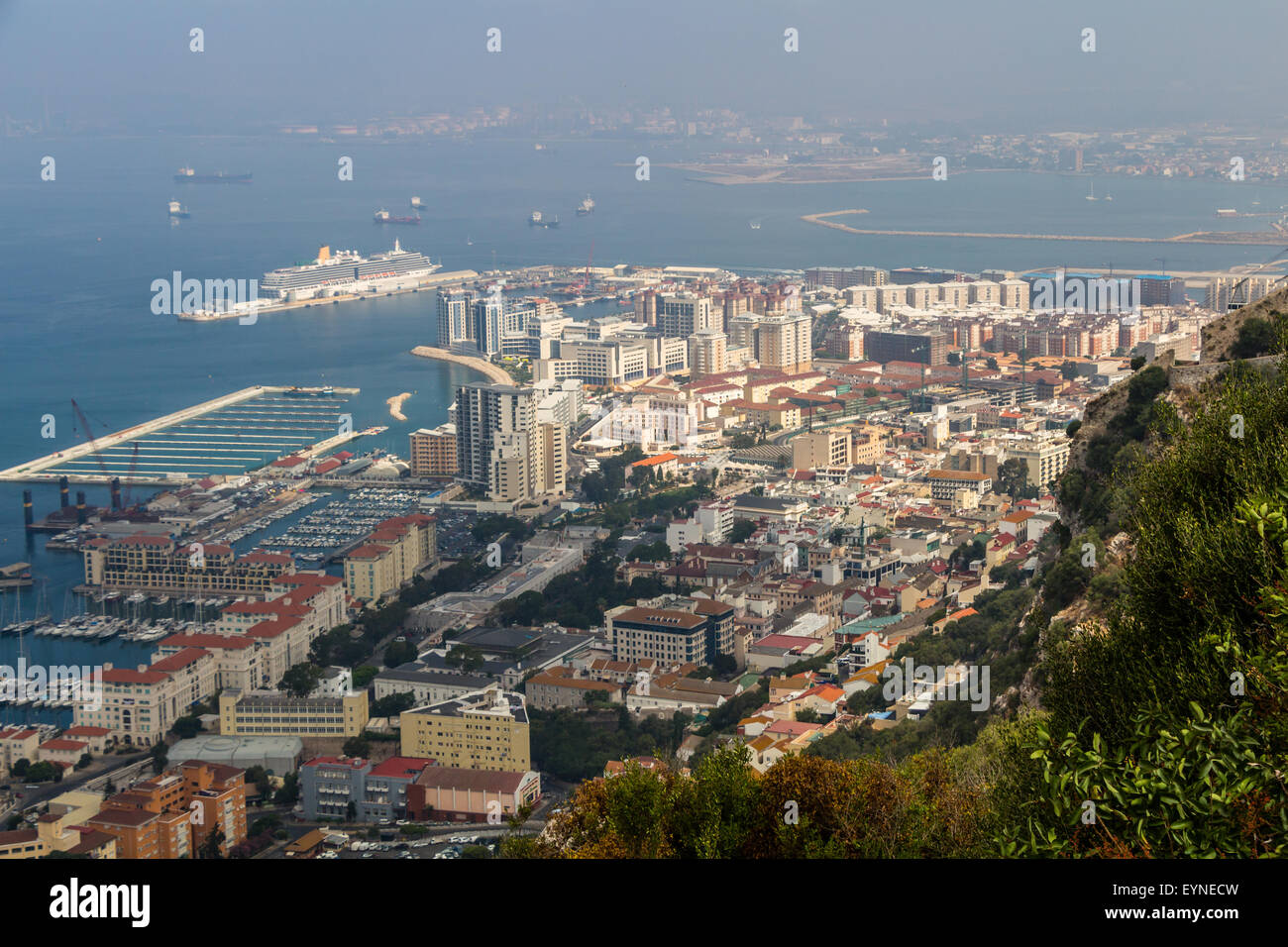 View of the sea/ocean and city of Gibraltar from the top of the rock ...