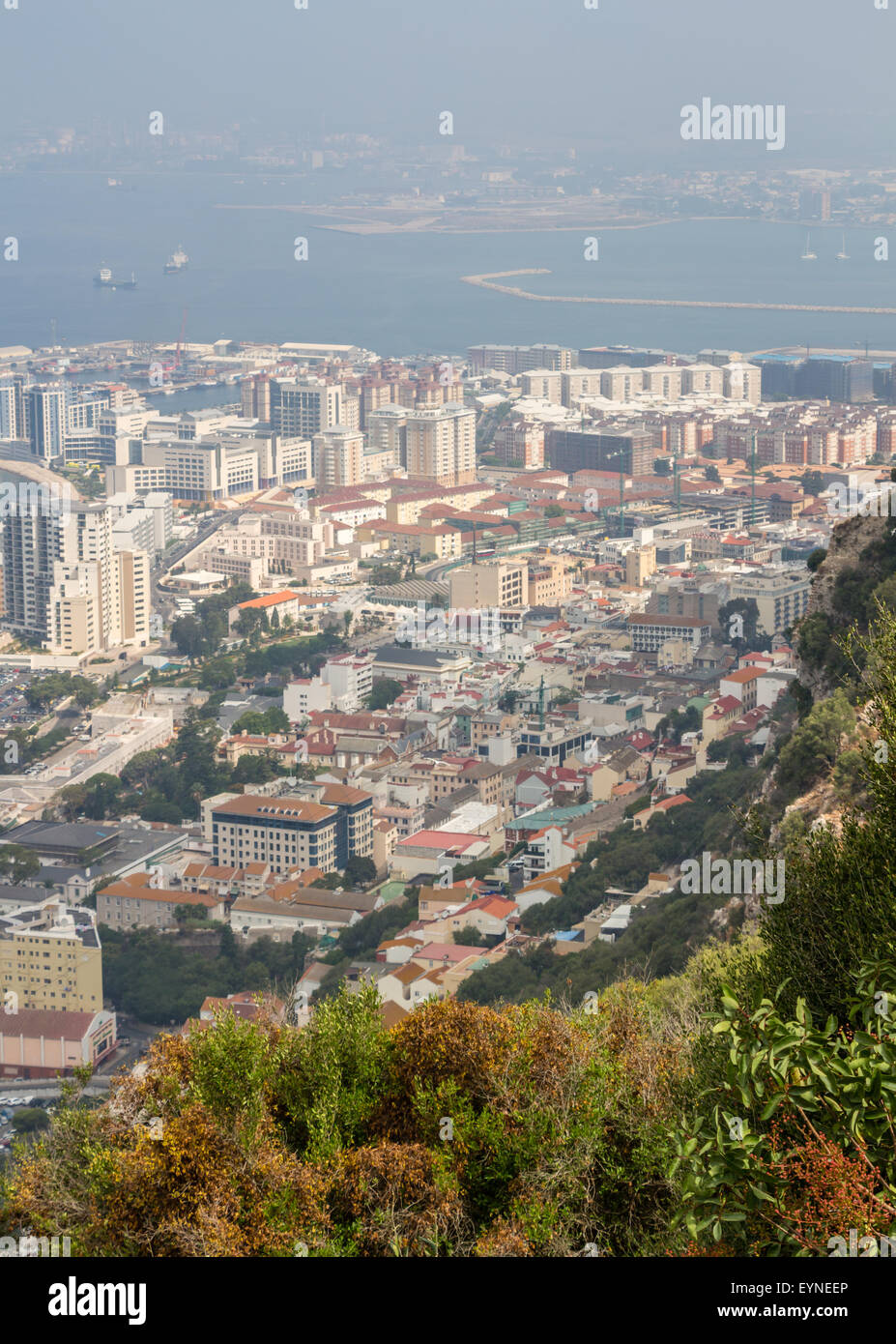 View of the sea/ocean and city of Gibraltar from the top of the rock ...