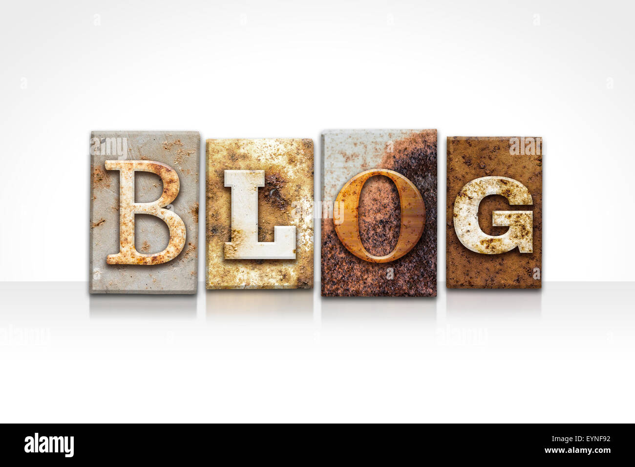 The word "BLOG" written in rusty metal letterpress type isolated on a ...