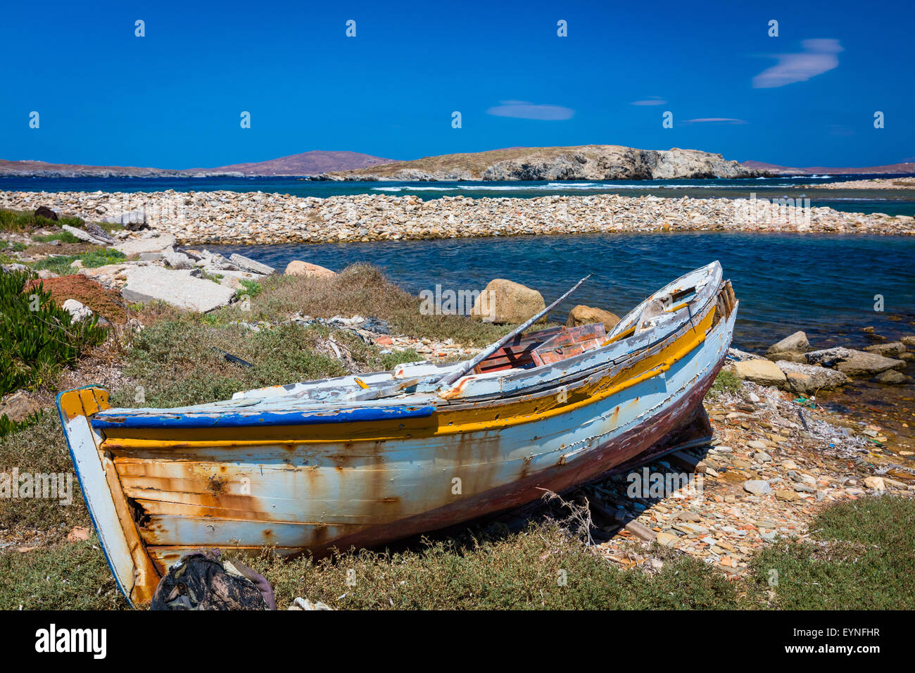 Dilapidated Greek boat in the Aegean Sea on the island of Delos Stock ...