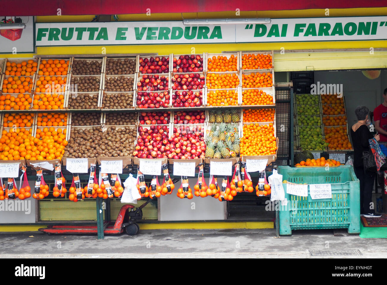 Trays of fruit on display in a fruit and vegetable store Stock Photo ...