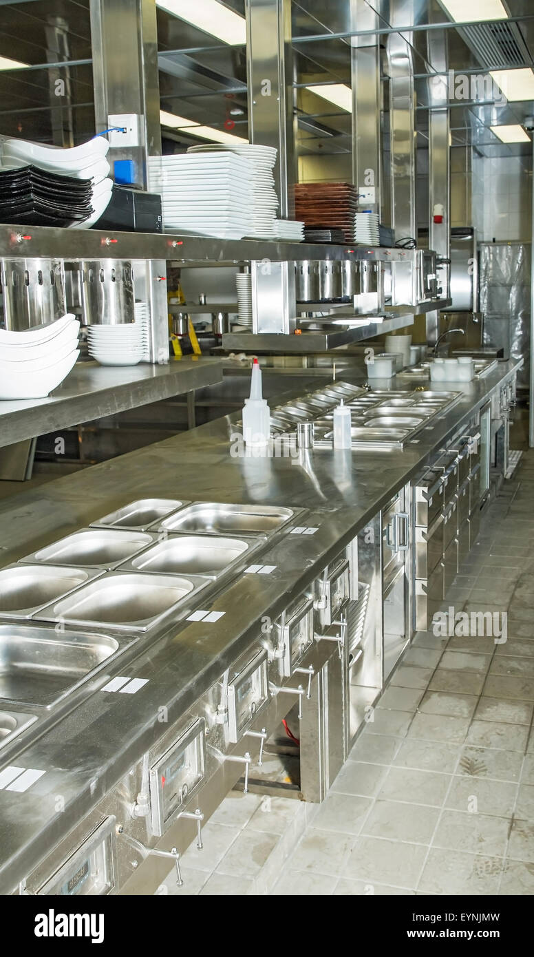 Professional kitchen, view counter in stainless steel Stock Photo - Alamy
