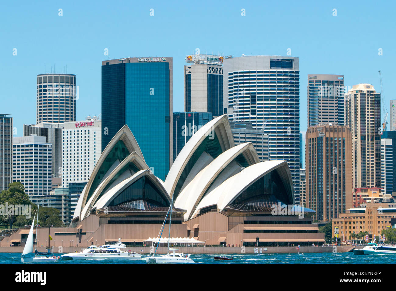 Sydney opera house and city centre viewed from a boat on the harbour ...