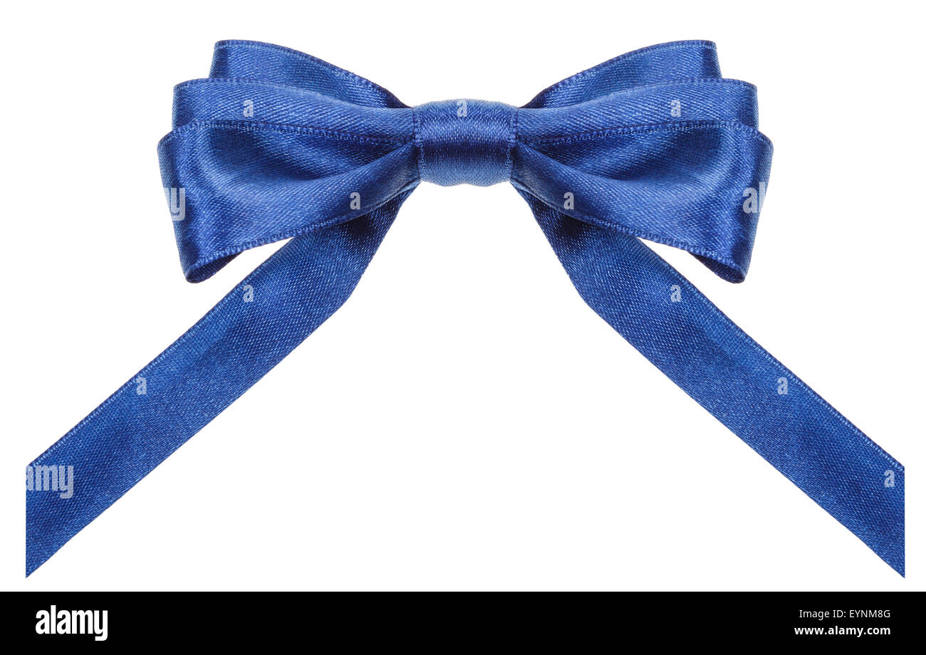 symmetrical blue satin ribbon bow with vertically cut ends isolated on ...