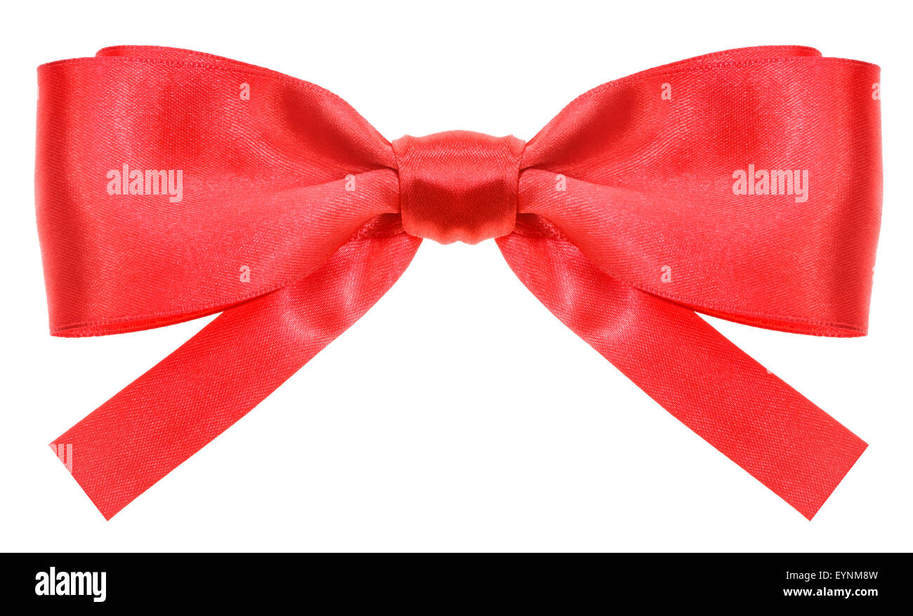 symmetrical red satin ribbon bow with square cut ends isolated on white ...