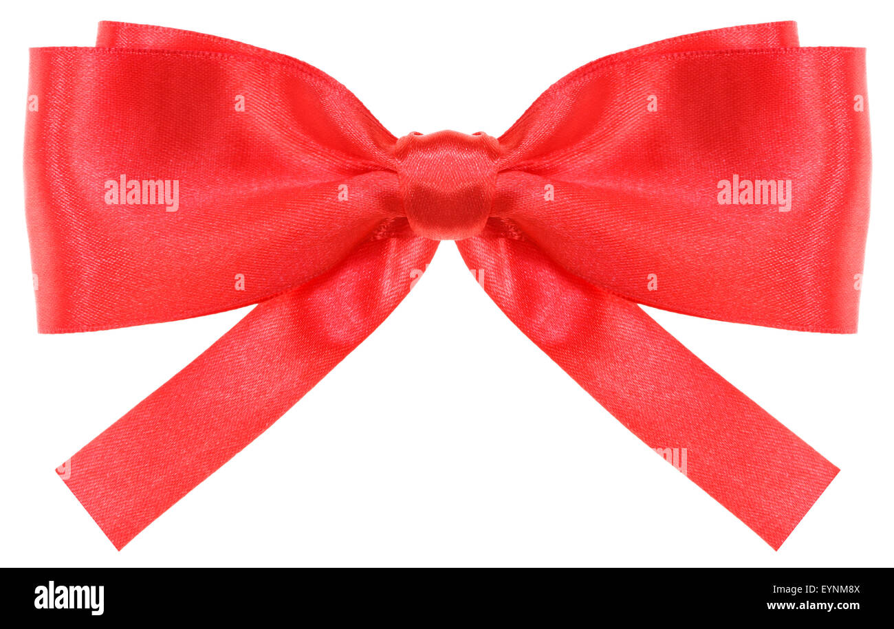 symmetrical red silk ribbon bow with square cut ends isolated on white ...