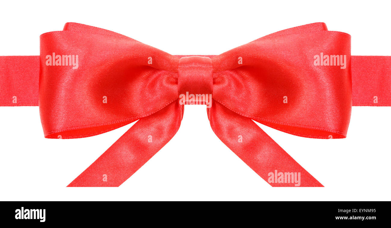 symmetric red satin bow with horizontal cut ends on ribbon close up ...