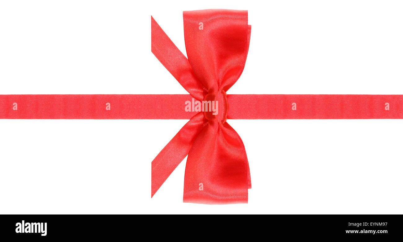 symmetric red satin bow with horizontal cut ends on narrow ribbon ...