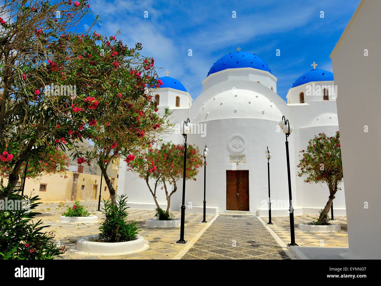 A Blue domed church Tímios Stavrós, Períssa, Santorini,Greece Stock ...