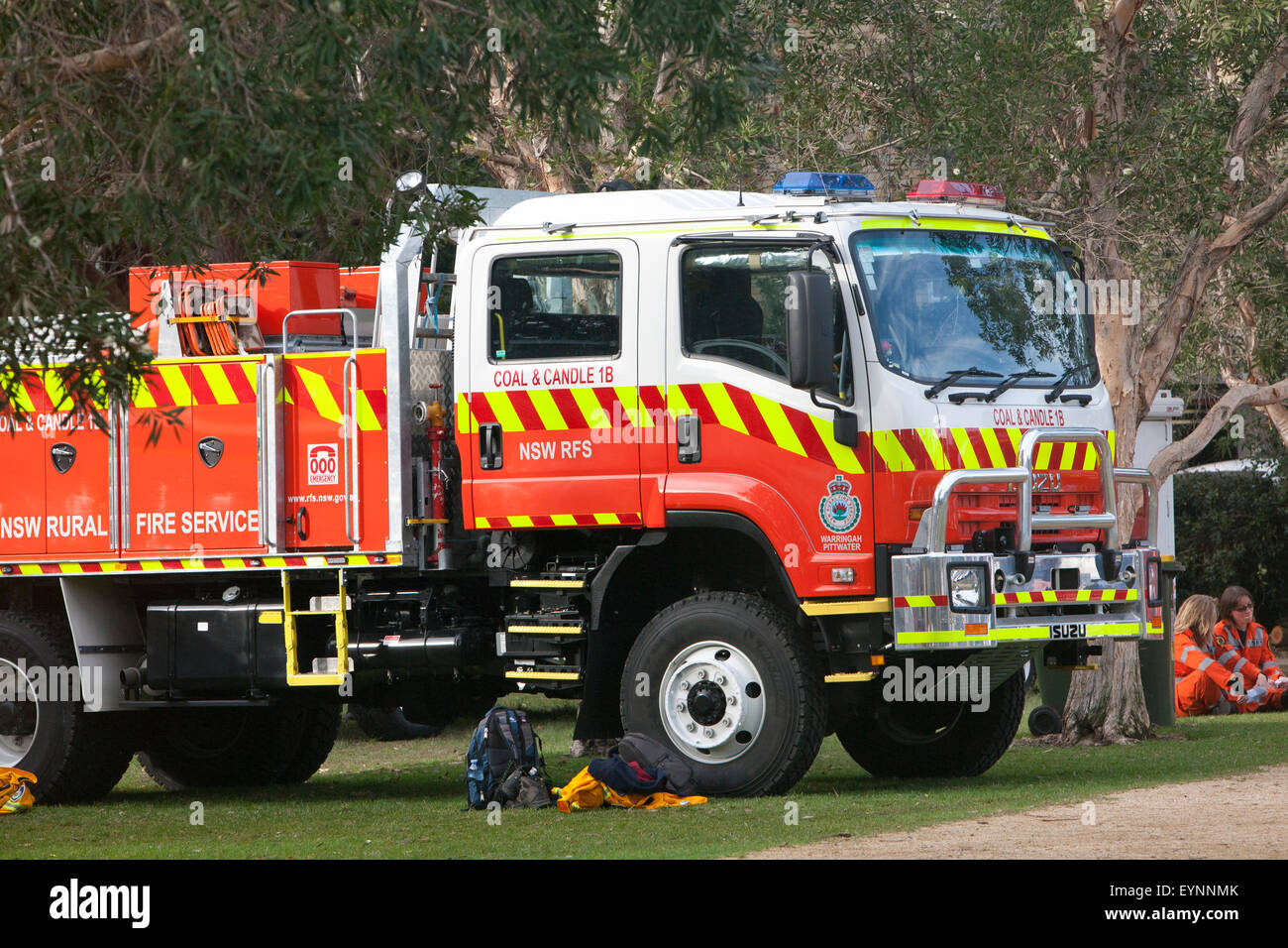 new south wales rural fire service engine truck with crew taking a ...