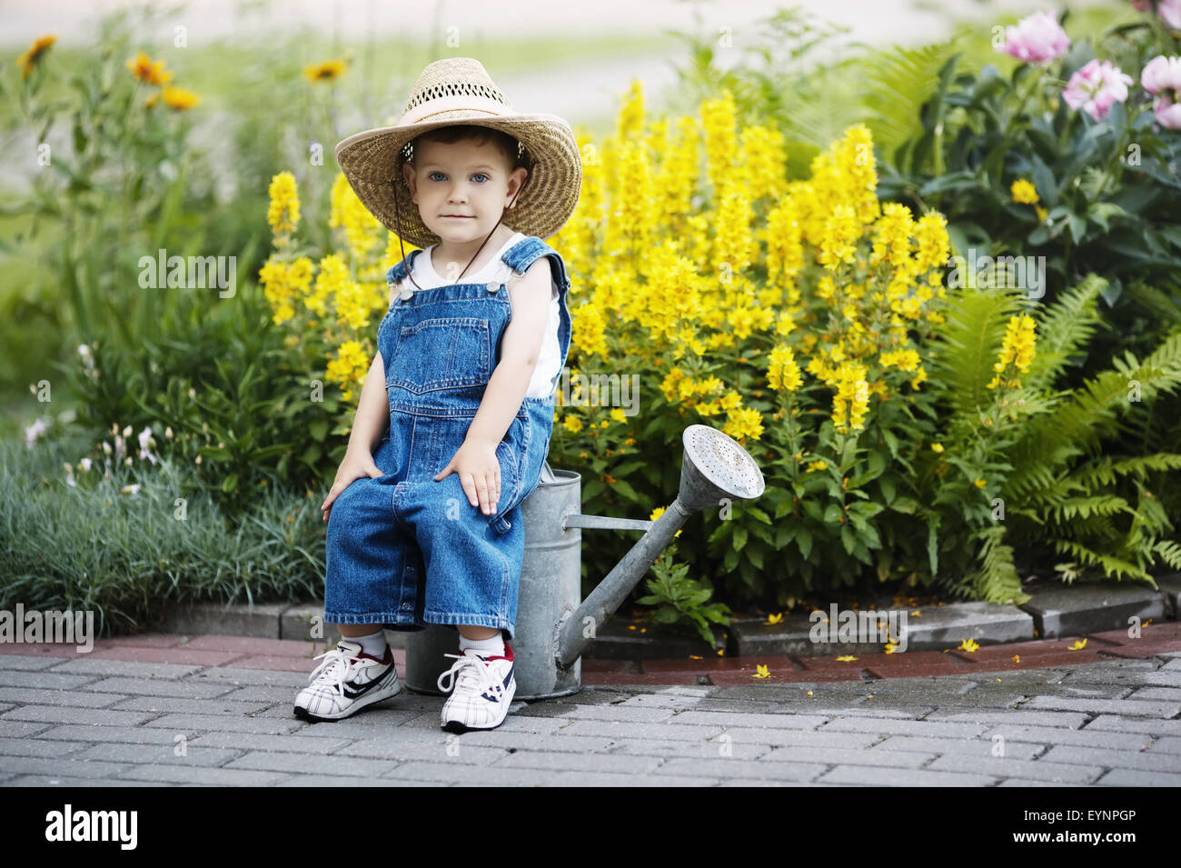 little boy with watering can in summer park Stock Photo - Alamy