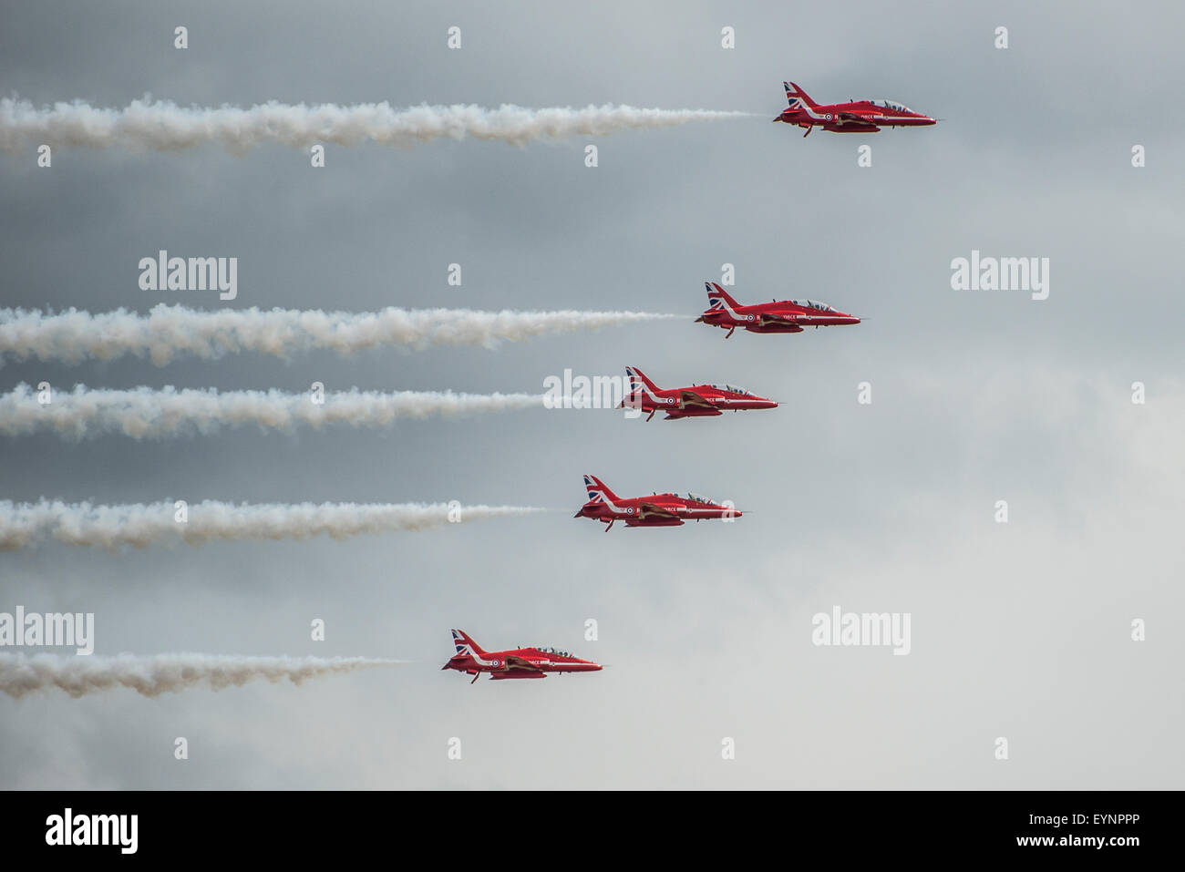 The Red Arrows, aerobatic display team performing in the skies above ...