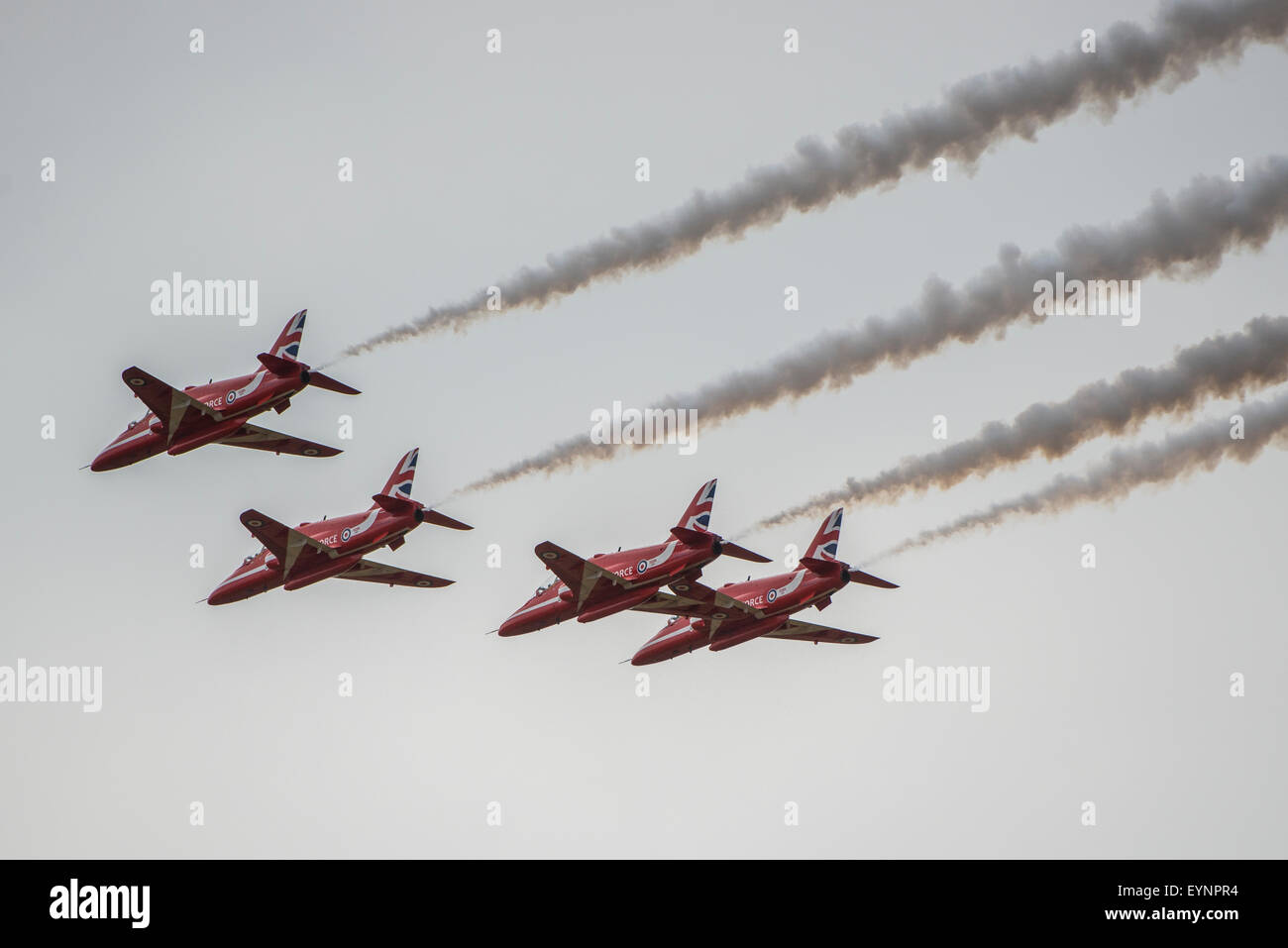The Red Arrows, aerobatic display team performing in the skies above ...