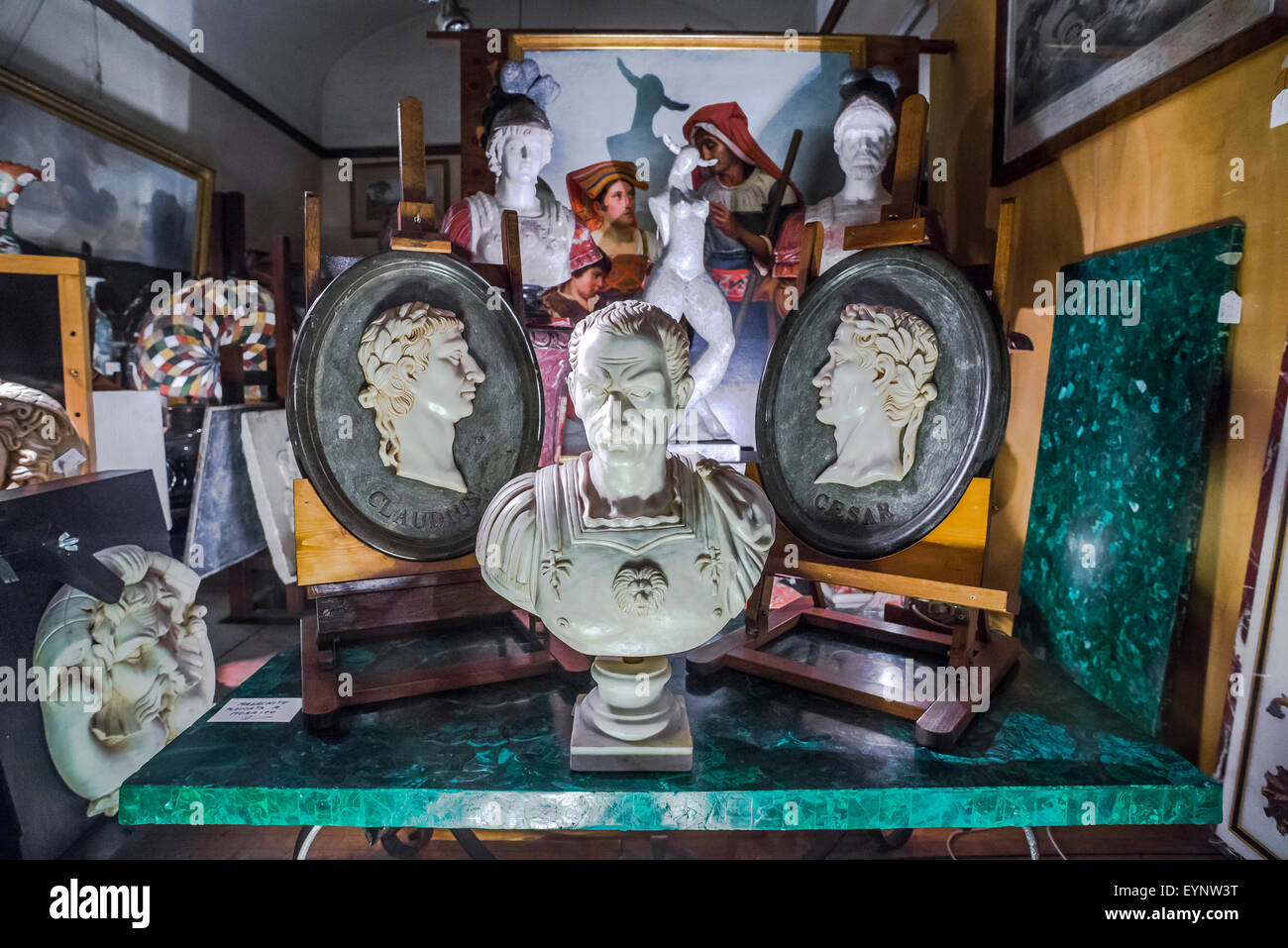 Rome antiques shop, view of a display of roman empire busts and statues ...