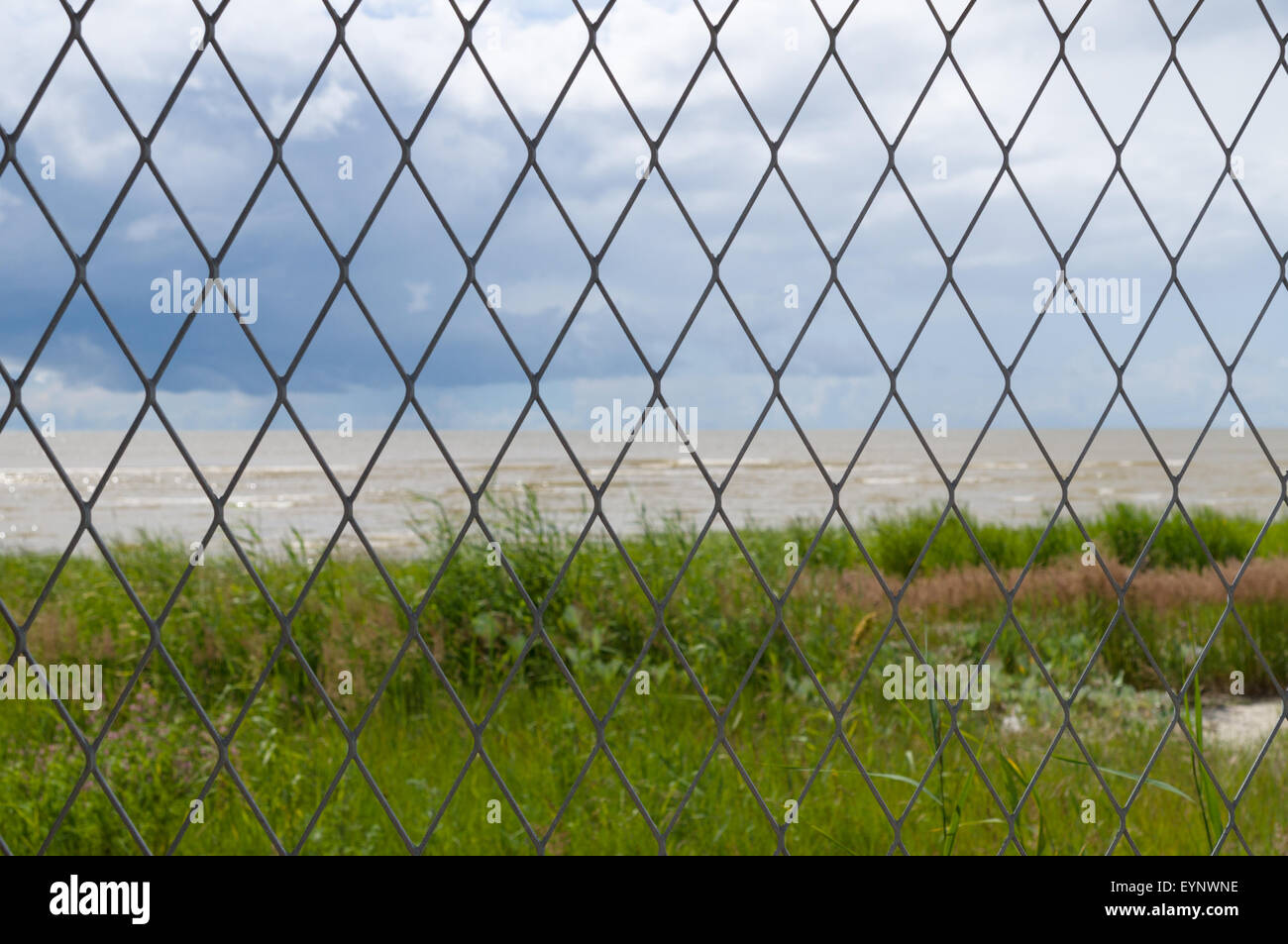 Metallic mesh fence against seashore background Stock Photo - Alamy