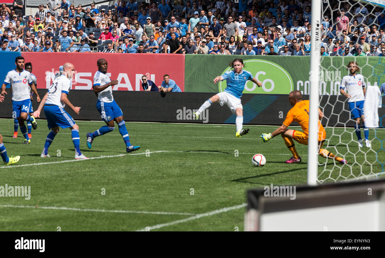 New York, NY - August 1, 2015: Thomas McNamara (15) scores goal as Evan ...