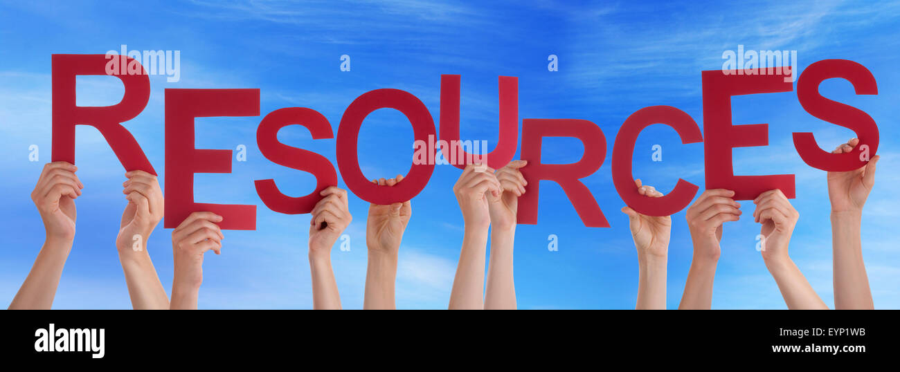 Many People Hands Holding Red Straight Word Resources Blue Sky Stock ...