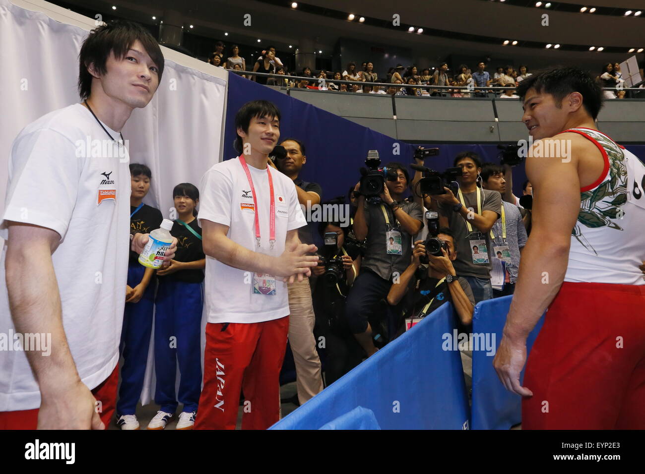 Hiroshima, Japan. 1st Aug, 2015. L-R Kohei Uchimura, Tomomasa Hasegawa, Koji Yamamuro (JPN ...