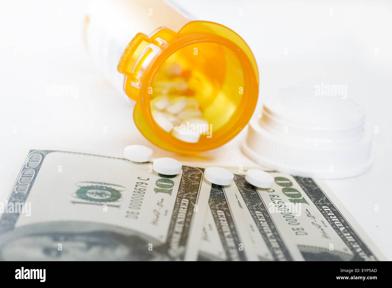 Prescription pills with dollar bills - cost of healthcare concept image ...