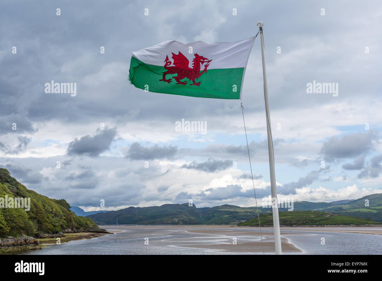 welsh flag flying over river wales uk Stock Photo - Alamy