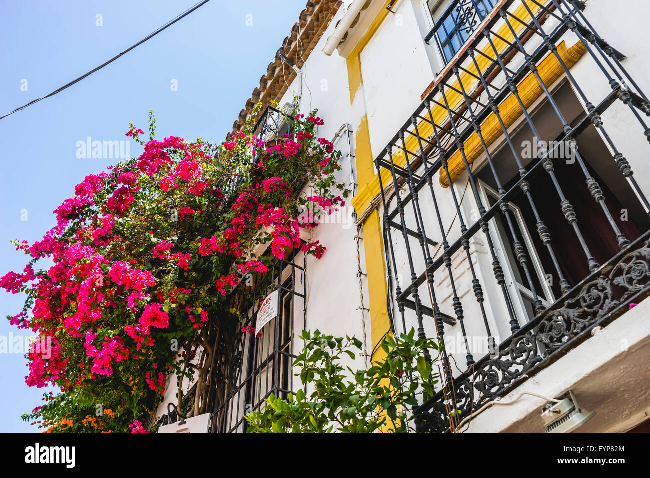 streets of Marbella in Spain with flowers and plants on the facade ...