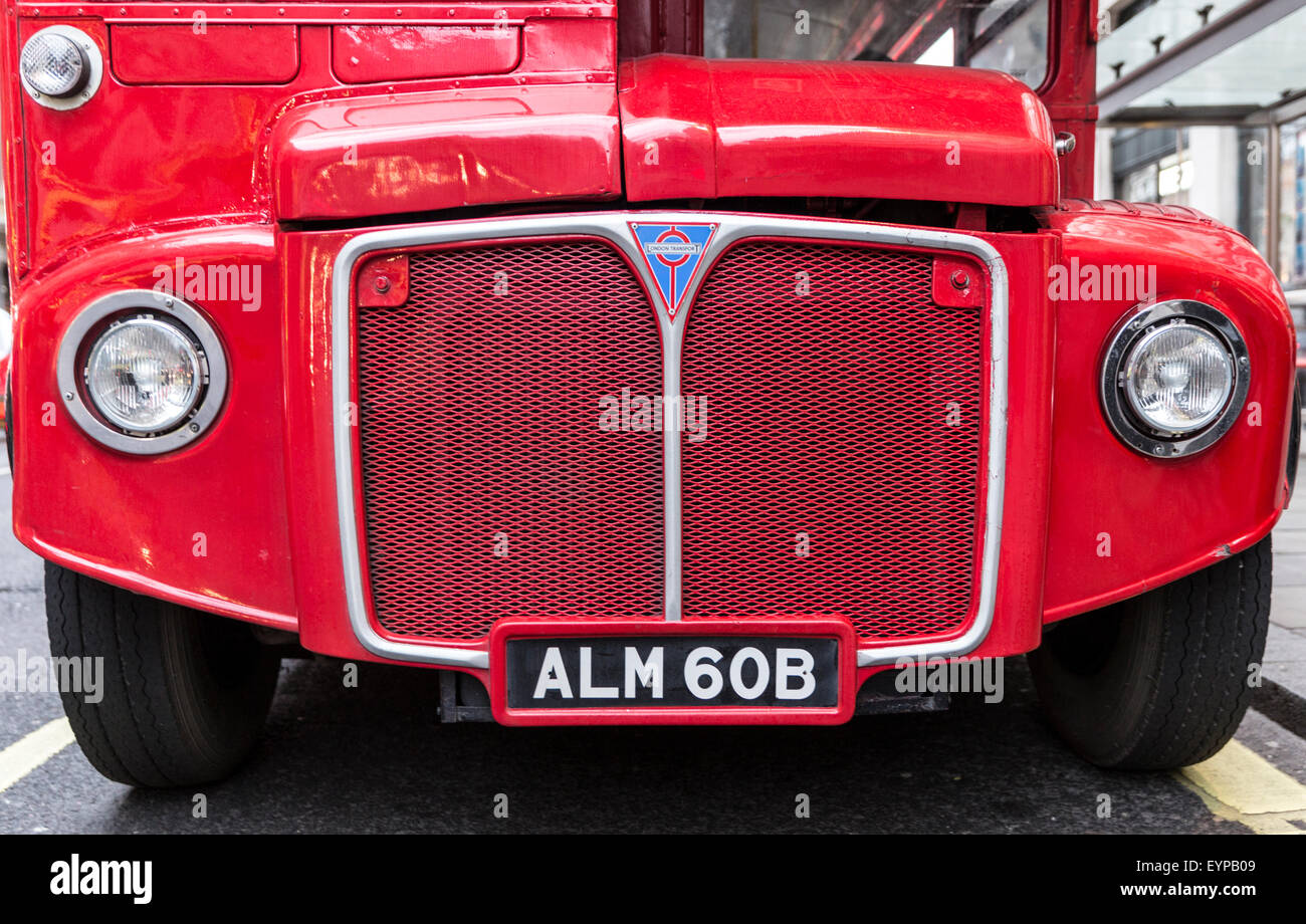 Detail of front of classic red Routemaster London double-decker bus ...