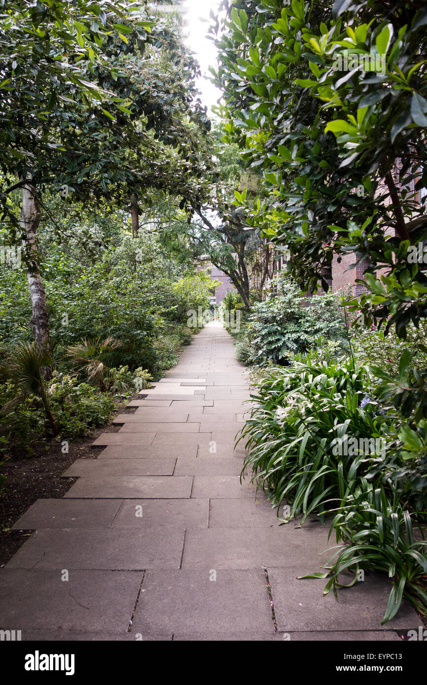Private communal garden of the Barbican complex in the City of London ...