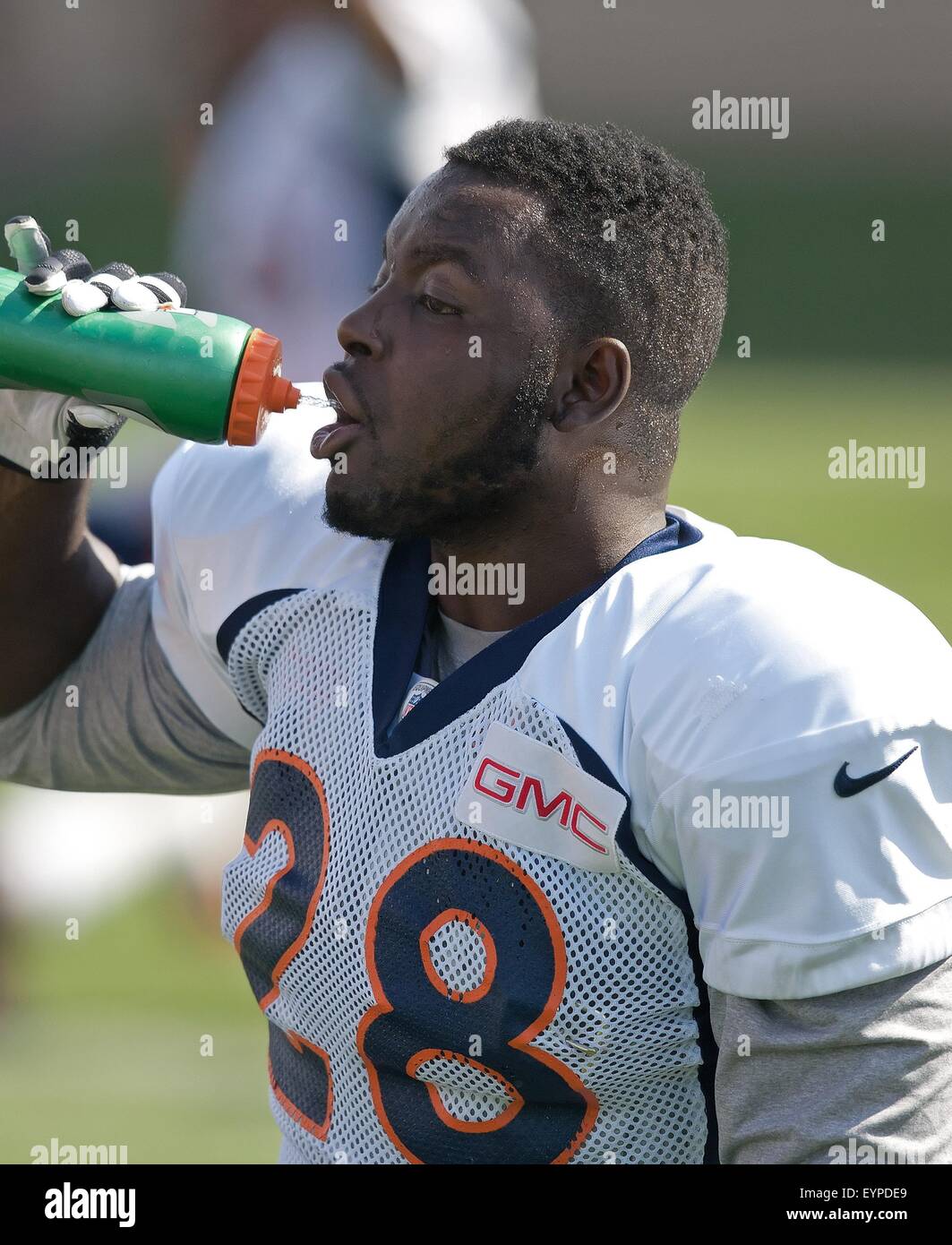 Englewood, Colorado, USA. 2nd Aug, 2015. Broncos RB MONTEE BALL gets a ...