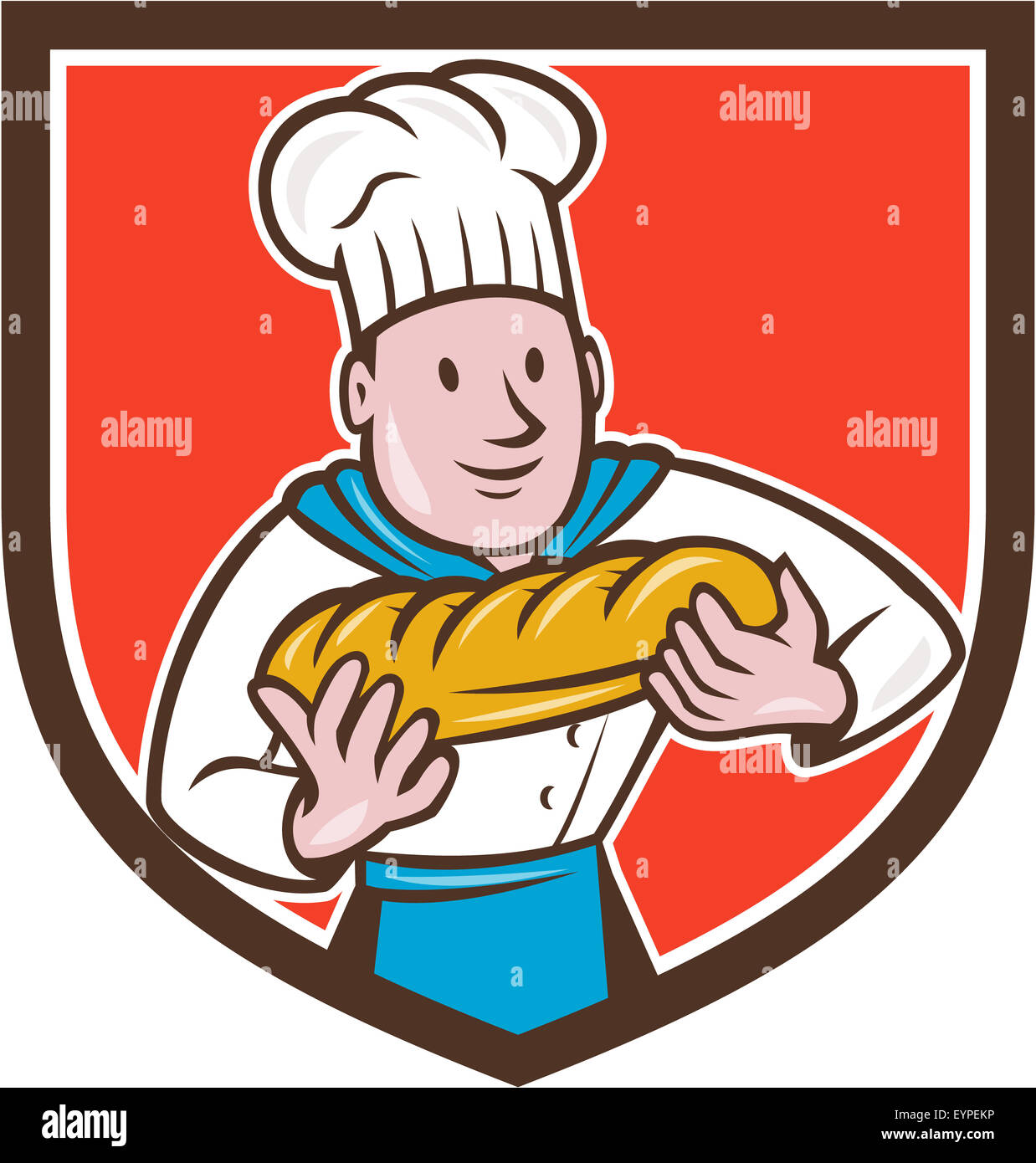 Illustration of a baker chef cook holding loaf of bread viewed from the ...