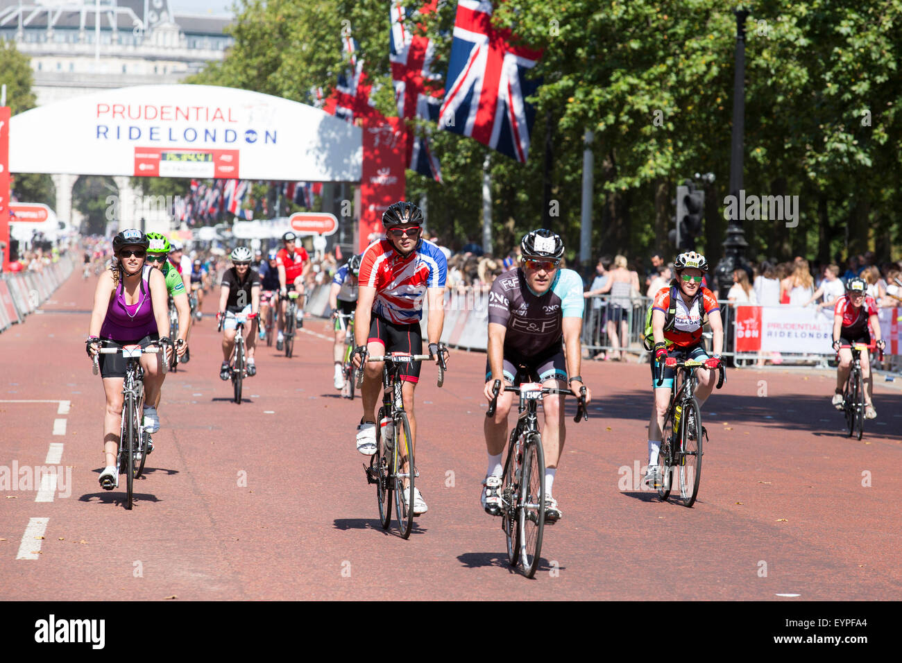 Cyclists finish the Prudential RideLondon London-Surrey 100 race on The ...