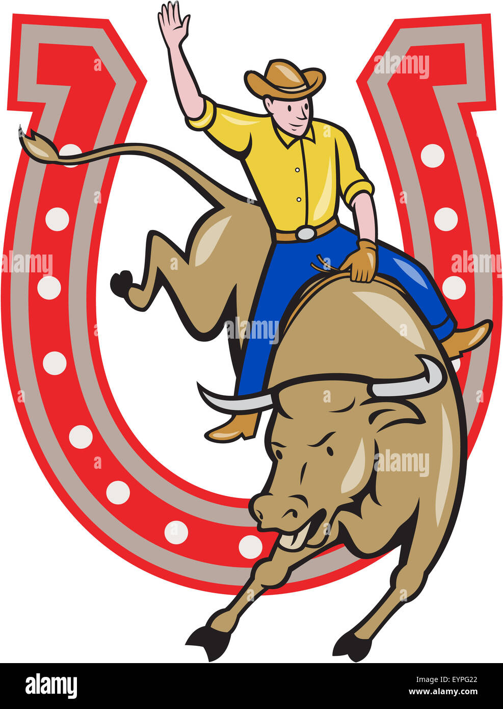 Illustration of rodeo cowboy riding bucking bull with horseshoe in the ...