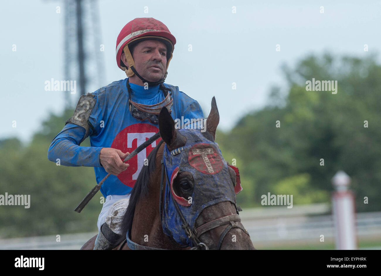 Oceanport, NJ, USA. 2nd Aug, 2015. Jockey KENT DESORMEAUX after the 8th ...