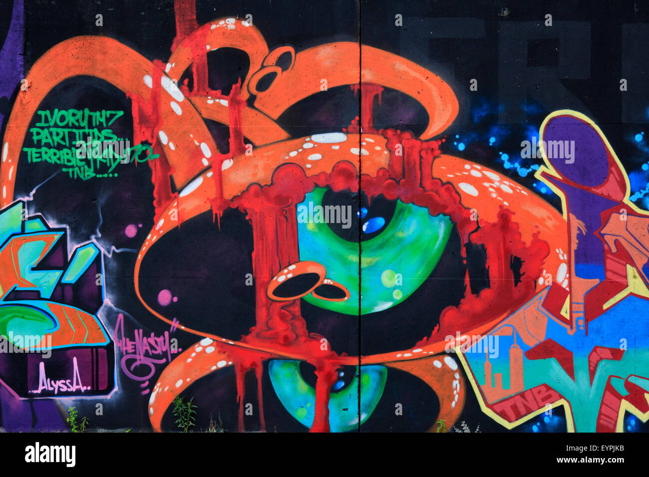 Urban graffiti on a wall at the Second Street Market in Dayton, Ohio ...