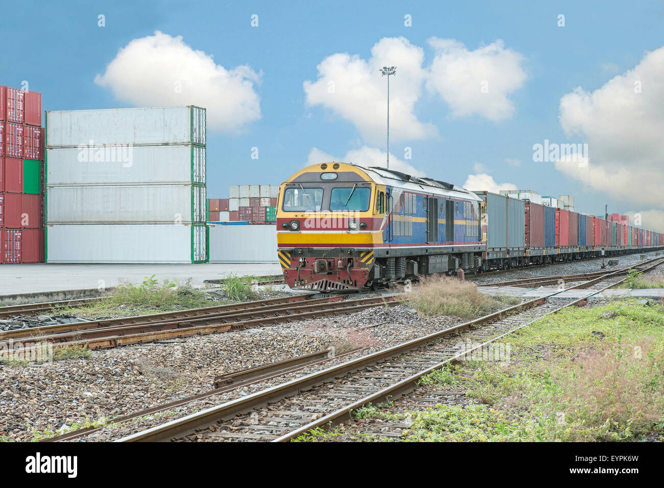 Cargo train platform with freight train container at depot Stock Photo ...