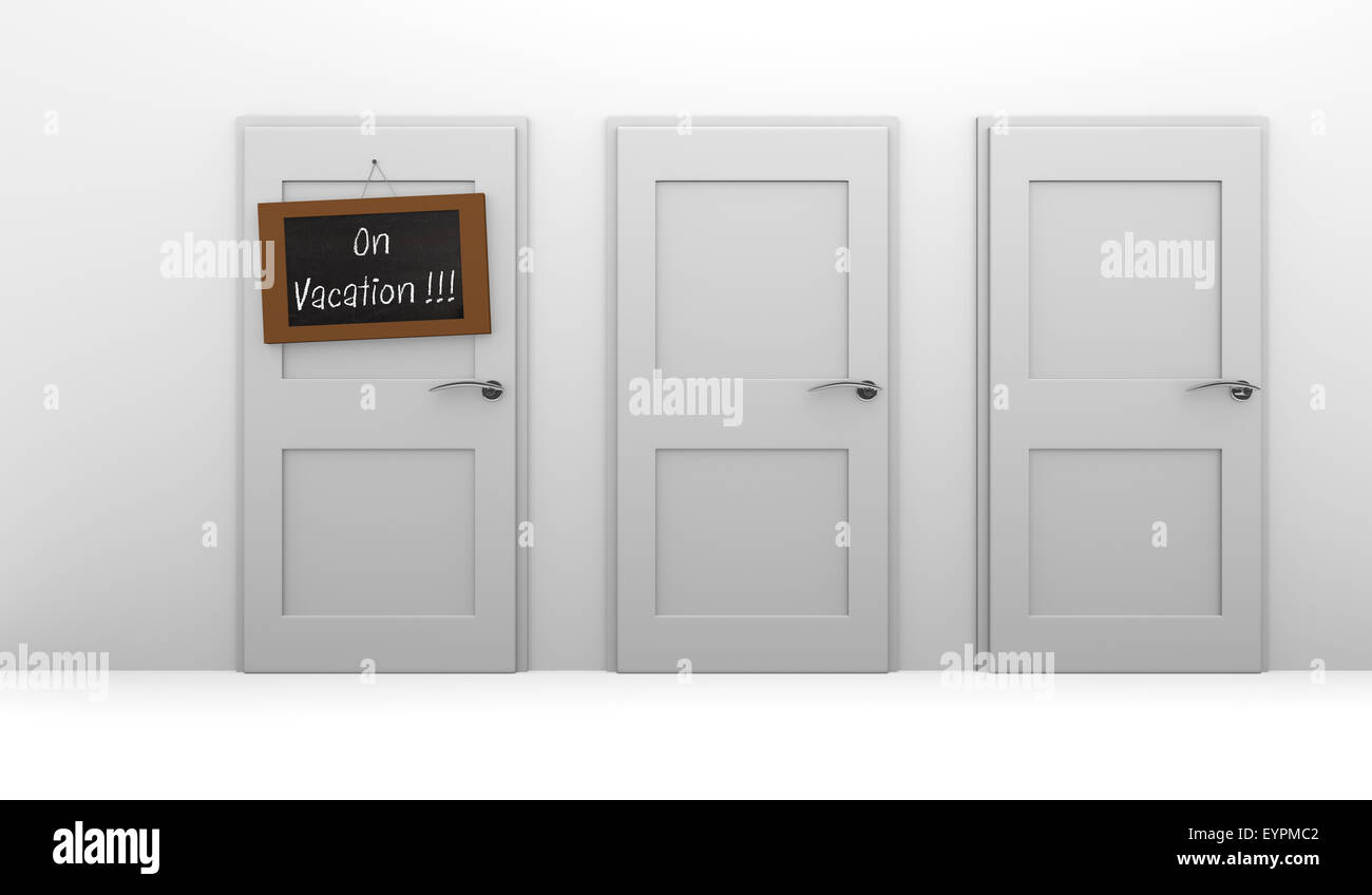 Three closed doors, one door with a blackboard with the text On ...
