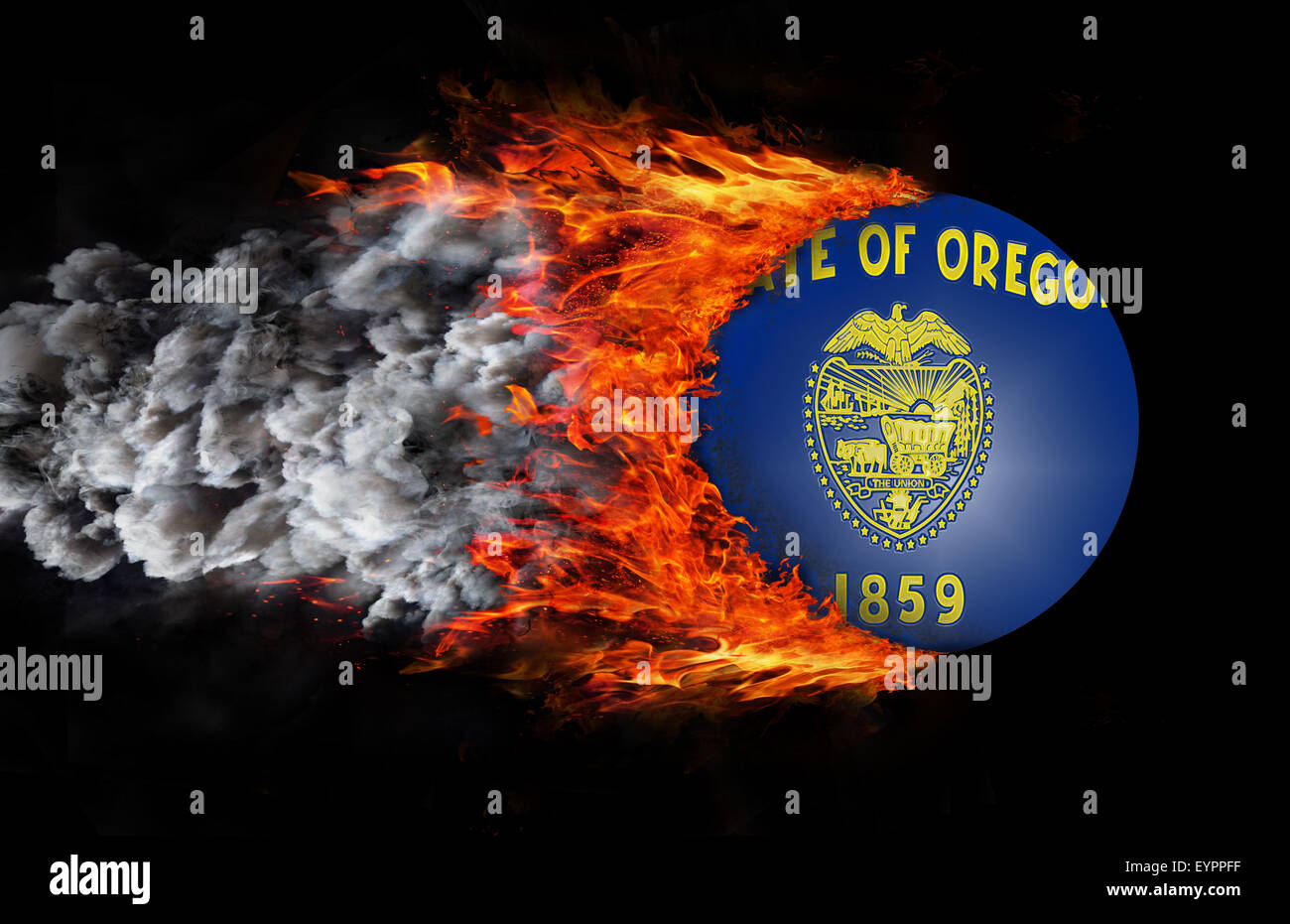 Concept of speed - Flag with a trail of fire and smoke - Oregon Stock ...