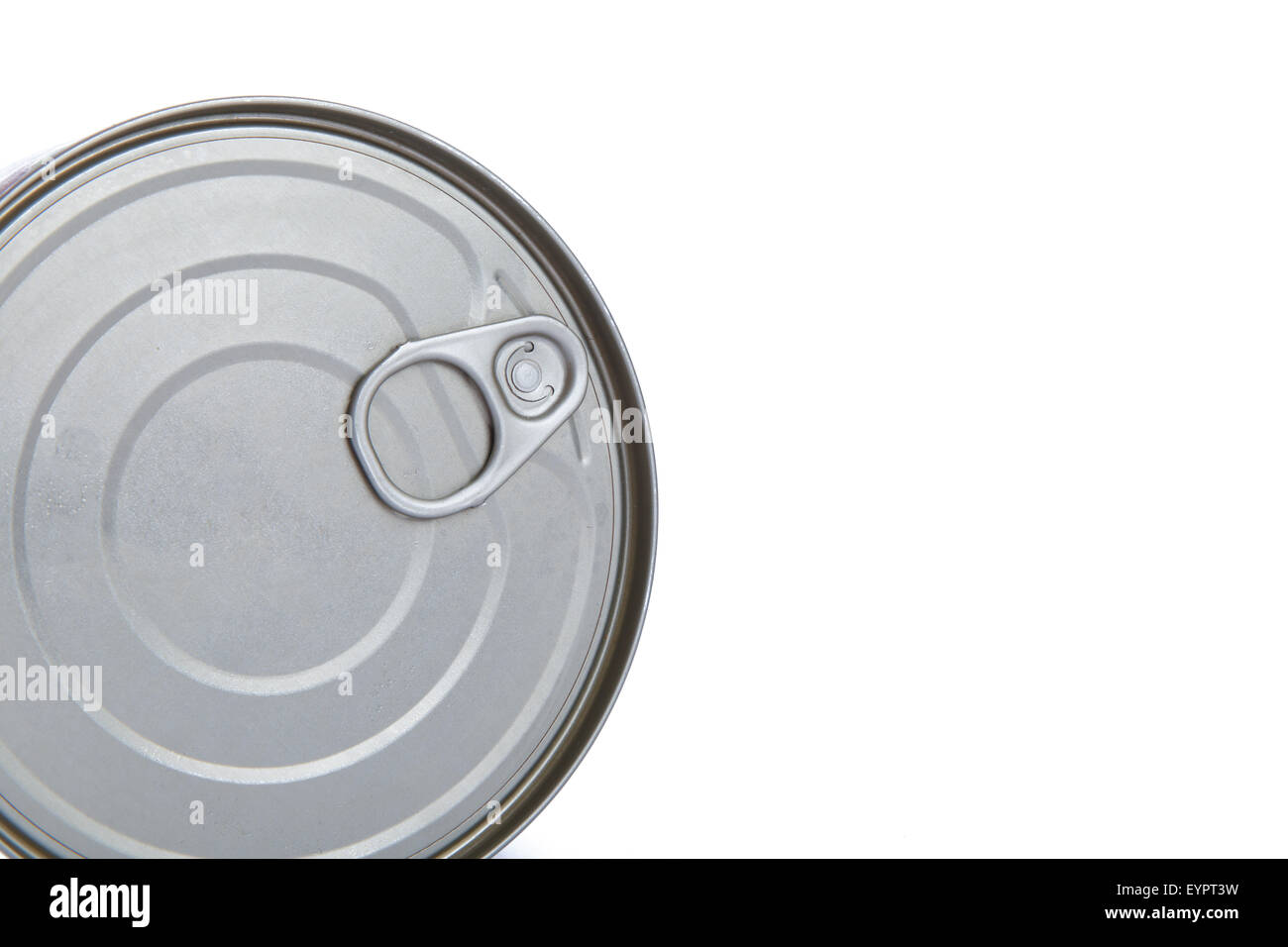 Close up detailed top view of metal grey tin can with ring pull ...