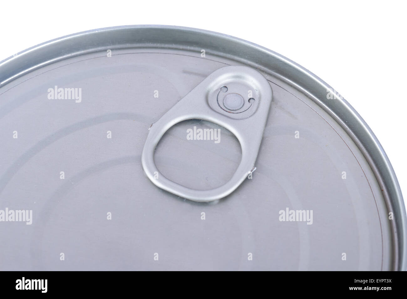 Close up detailed top view of metal grey tin can with ring pull ...