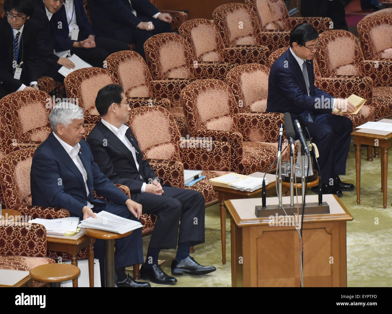 Tokyo, Japan. 3rd Aug, 2015. Yosuke Isozaki is grilled by Tetsuro ...