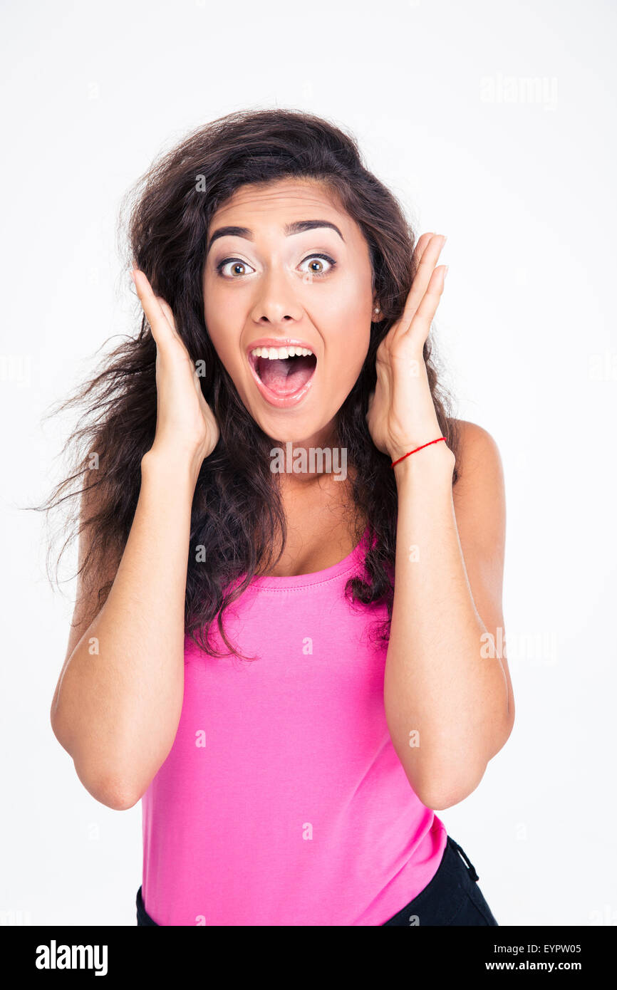 Portrait of a surprised female teenager screaming isolated on a white ...