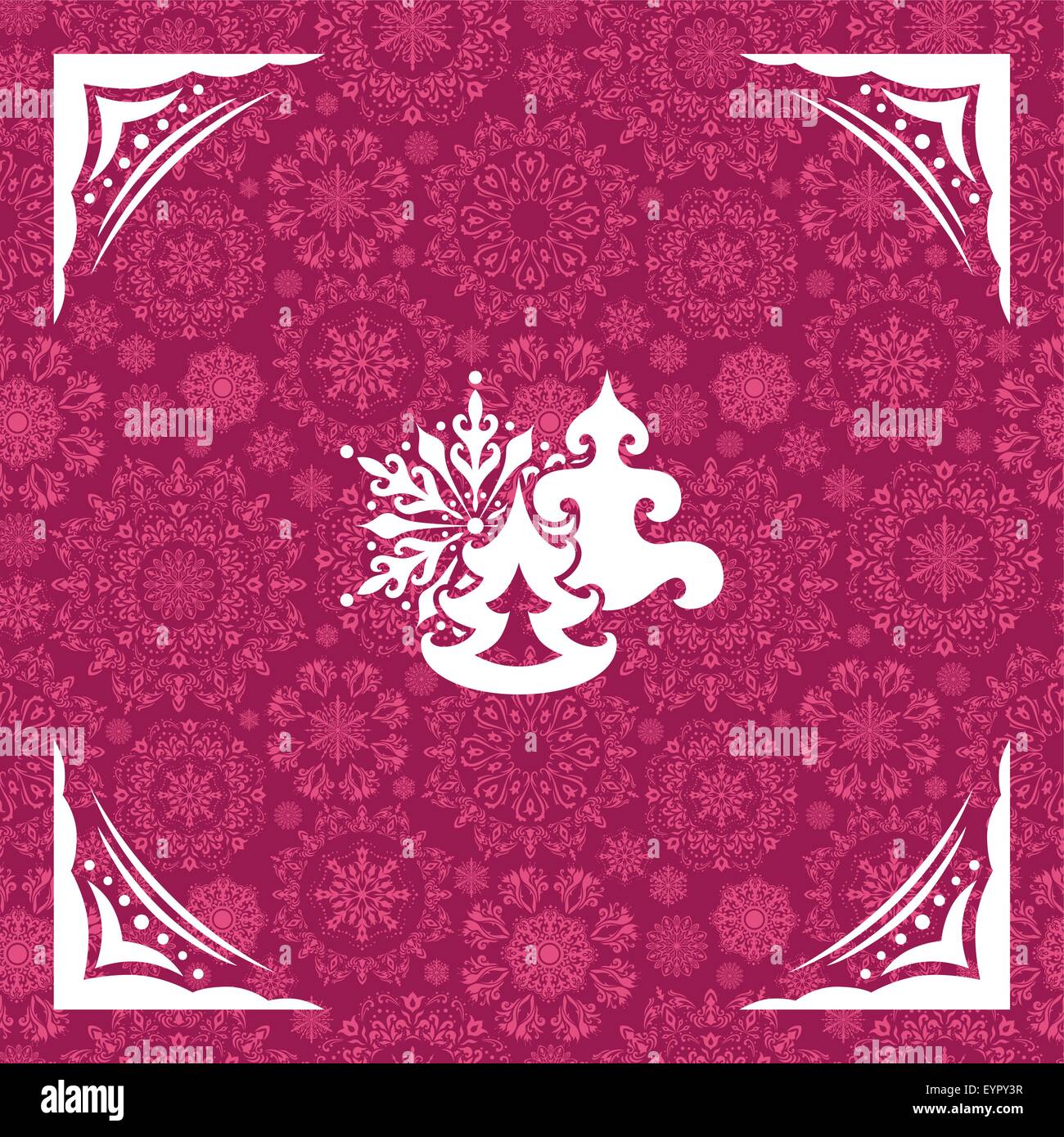 Abstract greeting card with snowflakes background, frame and trees ...