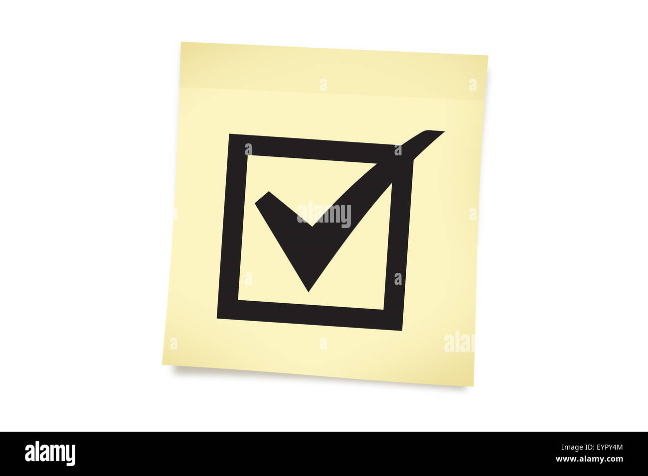 Close up front view of check mark on a square box on a yellow sticky ...