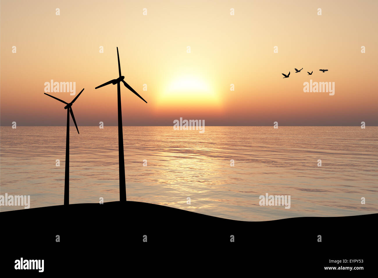 Front silhouette view of high windmill energy turbine on a hill inside ...