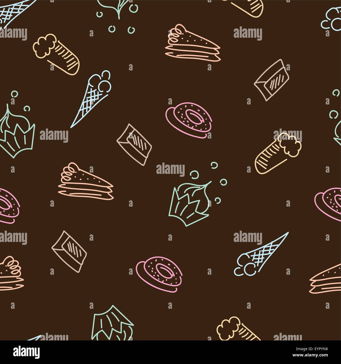 Sketch style background with yummy food, cakes, ice cream, donuts ...