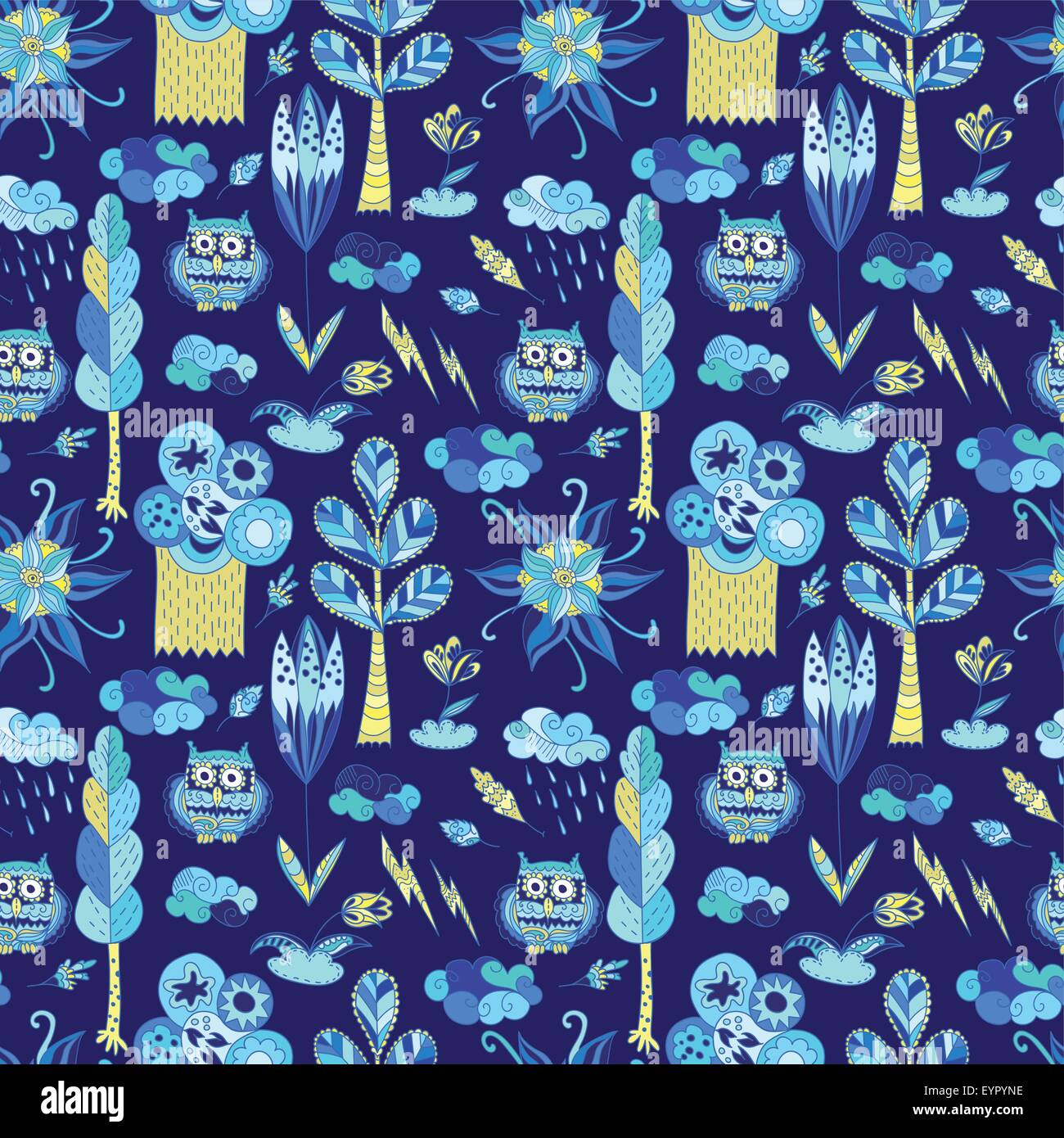 Vector blue doodle pattern with trees, flowers, owls and clouds Stock ...