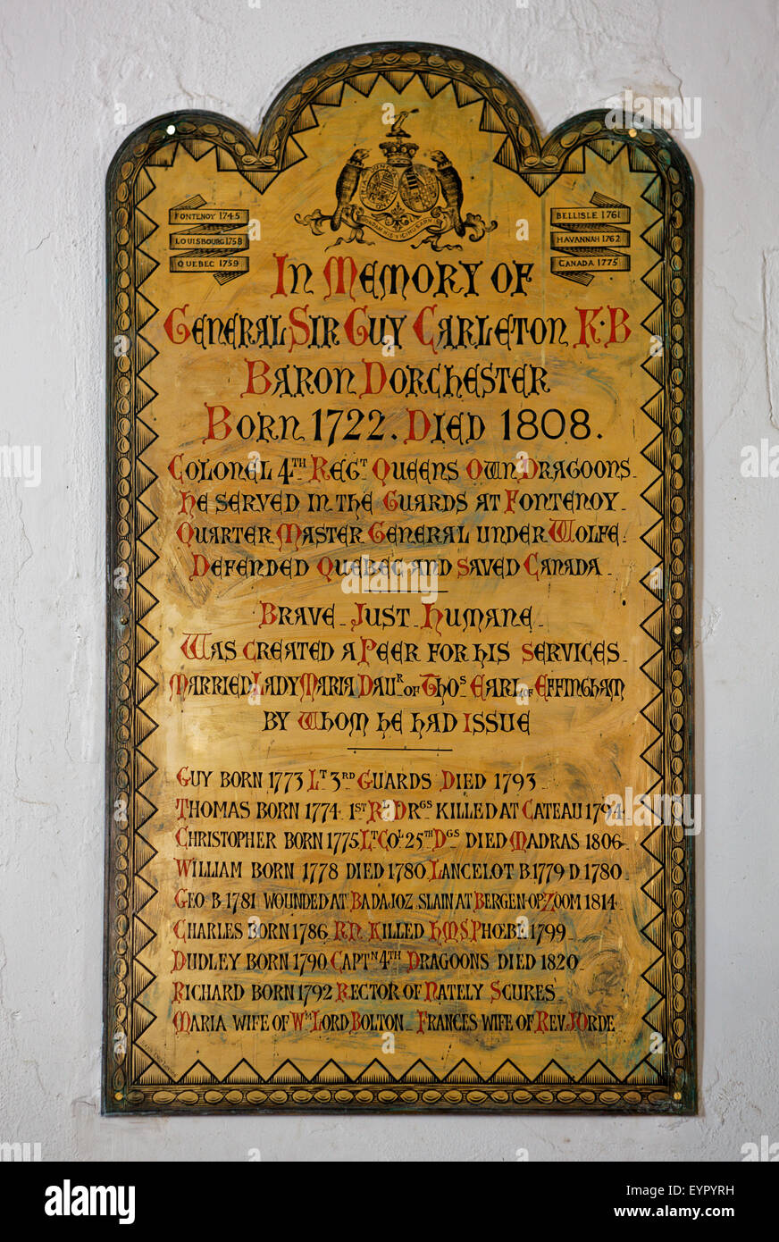 Guy Carleton 1st Baron Dorchester KB Memorial Plaque in St Swithun's ...