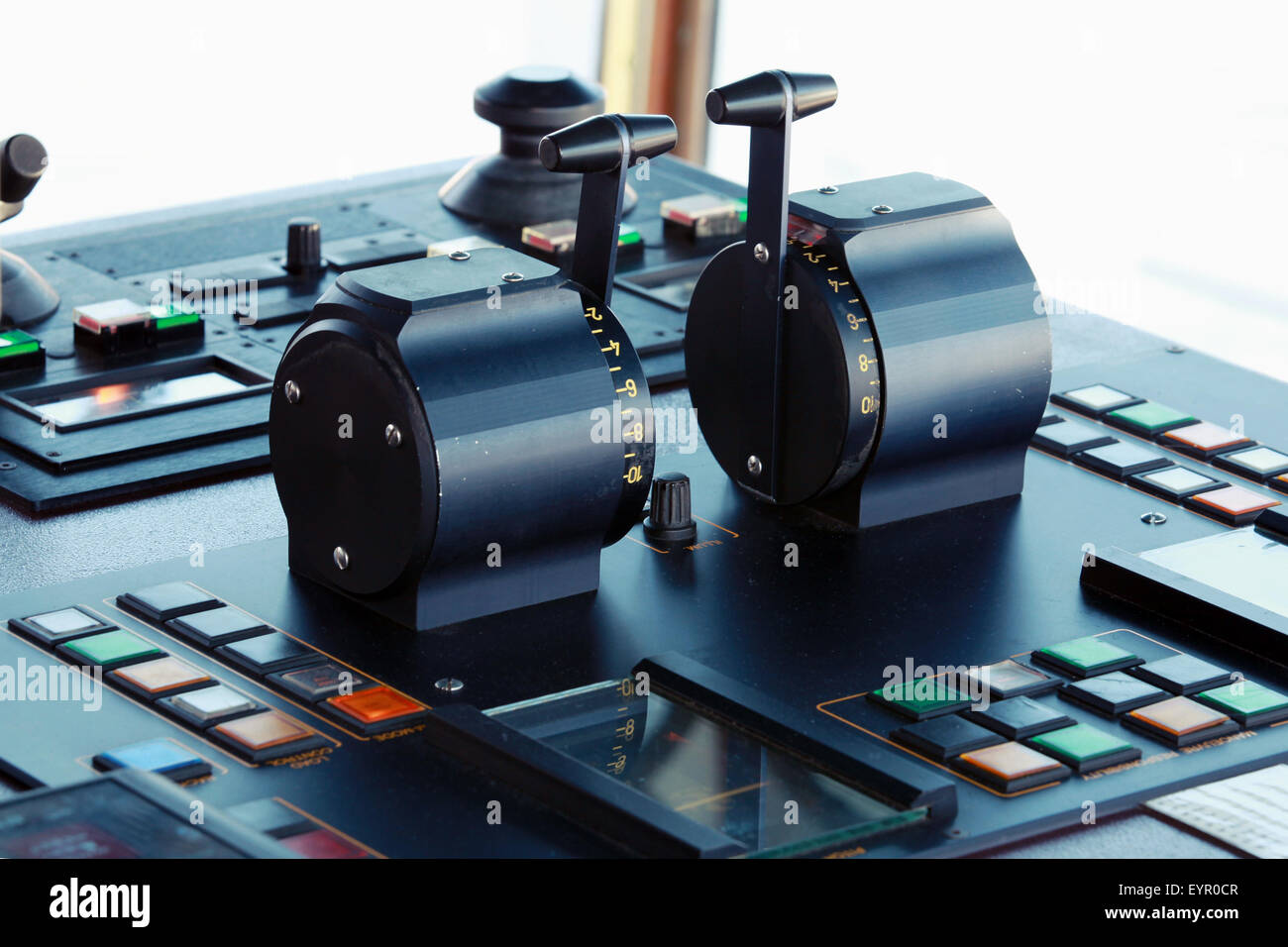 Control panel of industrial cargo ship, closeup photo with selective ...