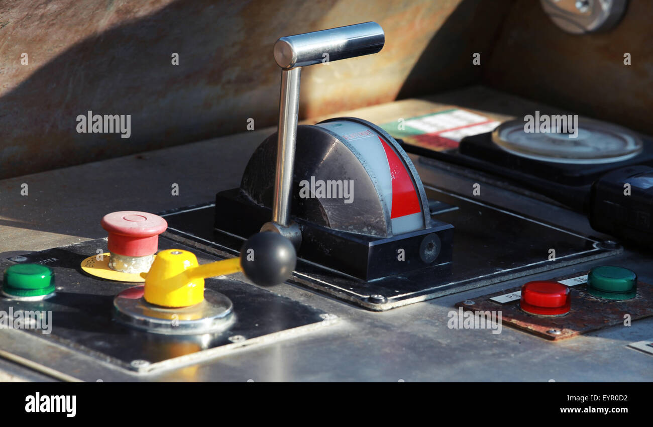 Outer control panel of industrial cargo ship, closeup photo with ...